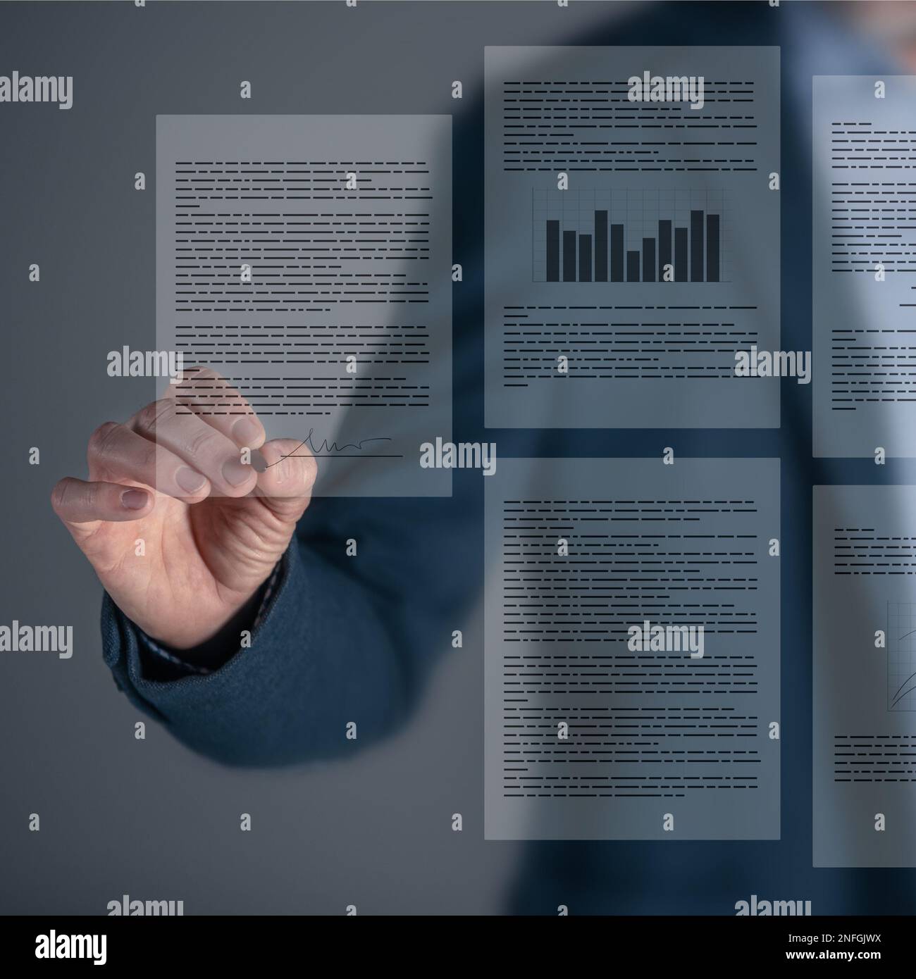 Standing man hand writing electronic signature on virtual screen. Sign ...