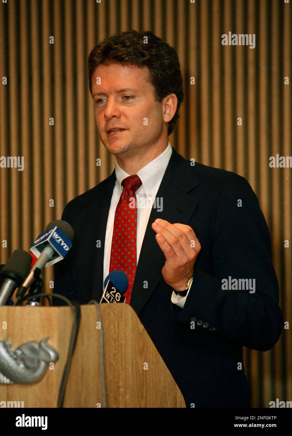 Navy Secretary Jim Webb, makes a point at a news conference at the U.S ...