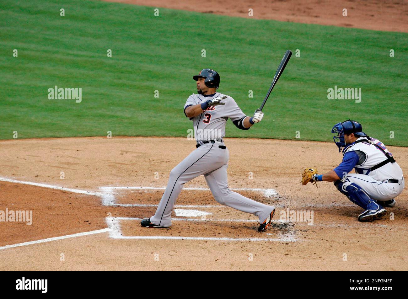 Detroit Tigers' Gary Sheffield (3) follows through on a swing as Texas ...