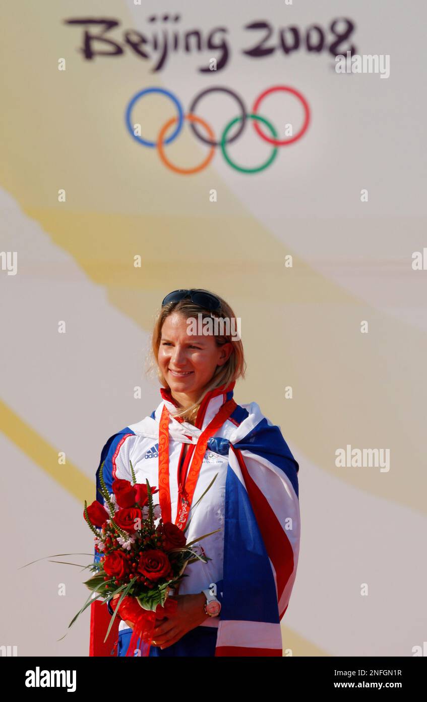 Britain's Bryony Shaw poses on the podium after winning the bronze ...