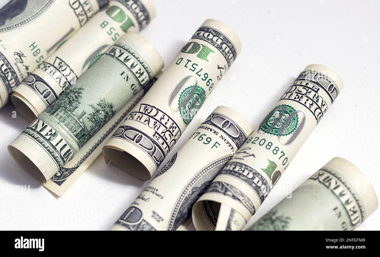 Close up of role money dollar tied with rope on white background Stock ...