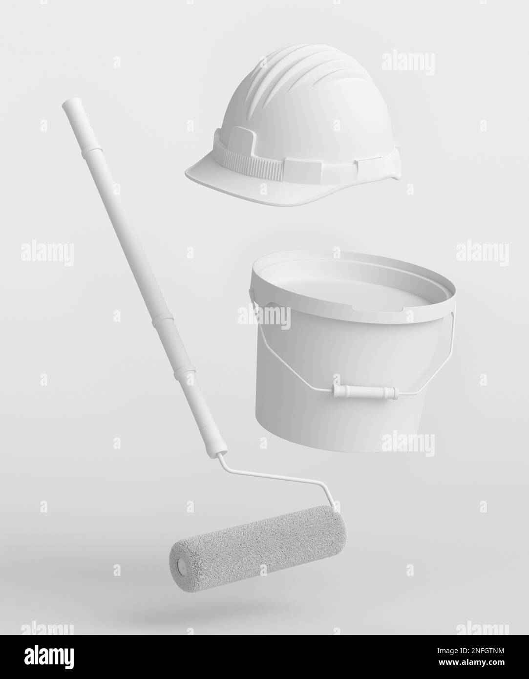 Set of safety helmet, bucket with paint rollers and brushes for ...