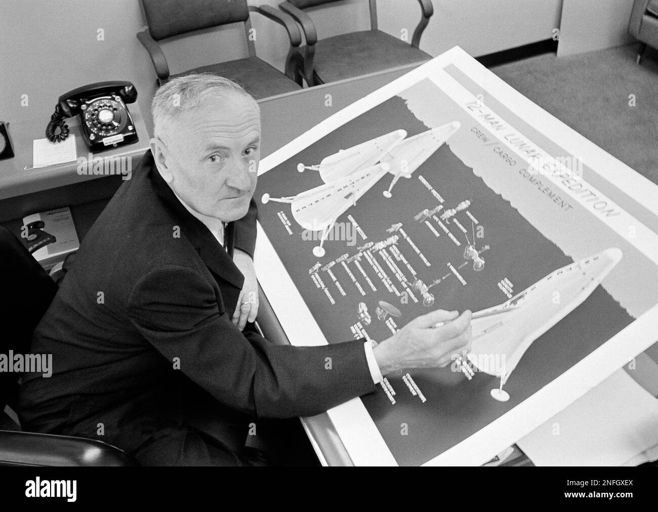 Dr. Fritz Zwicky looks up from his chart of lunar exploration space ...