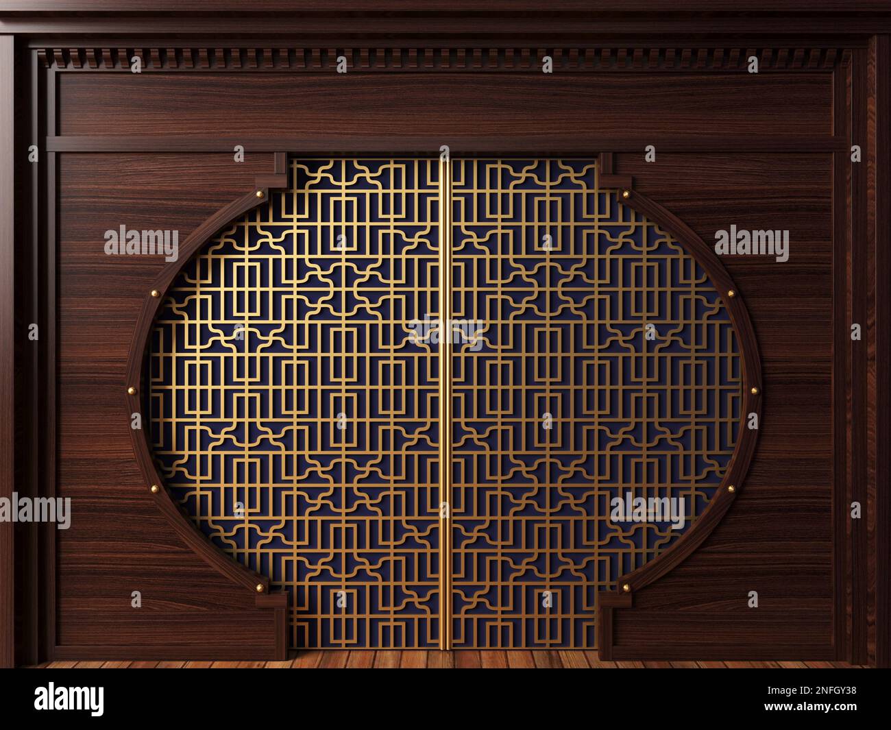 Wooden and gold east asian wall partition Stock Photo - Alamy