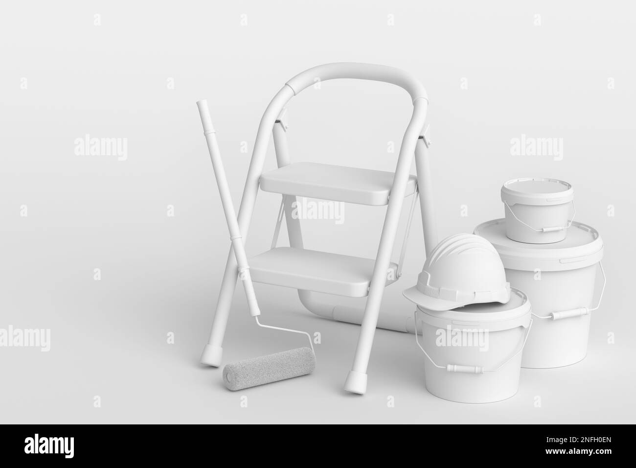 Set of folding ladder, bucket, safety helmet with paint rollers and ...