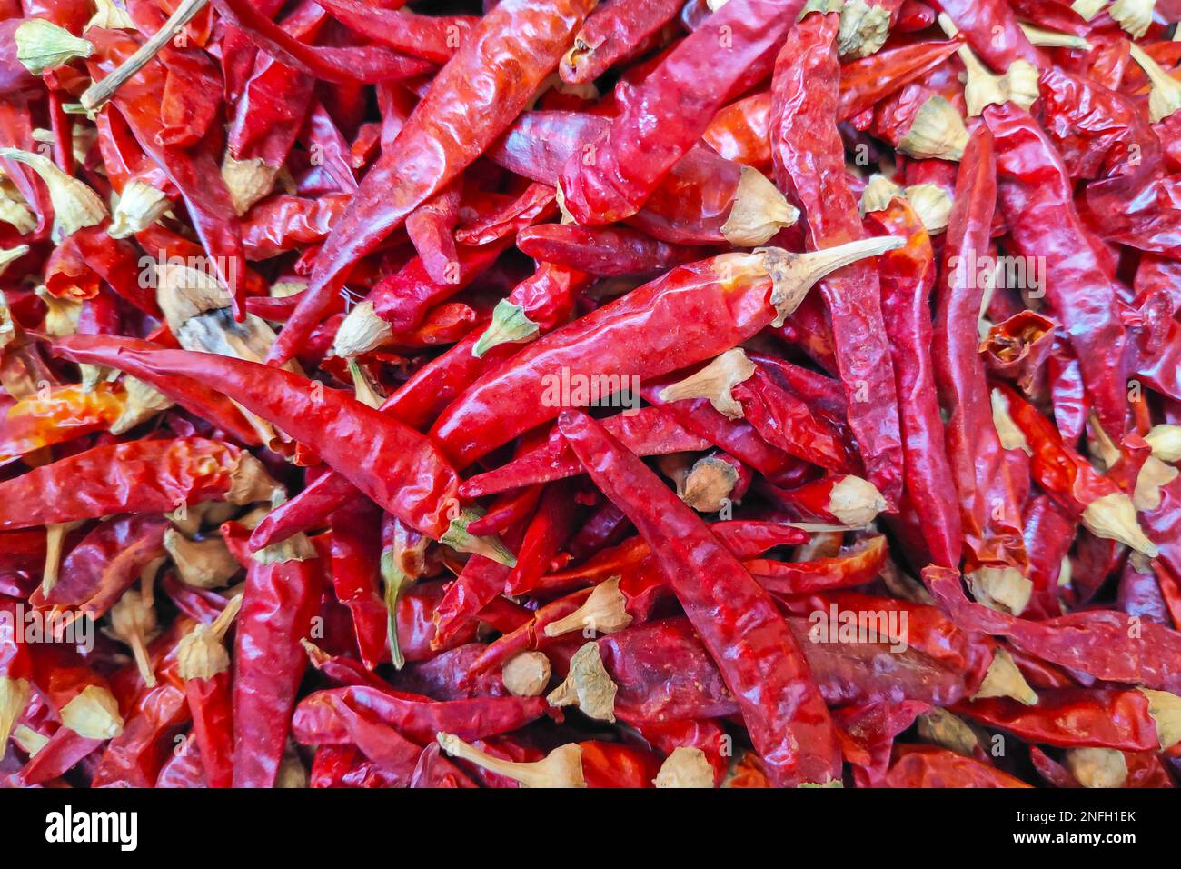 Close-up on a stack of Moroccan dried red chili peppers for sale on a ...