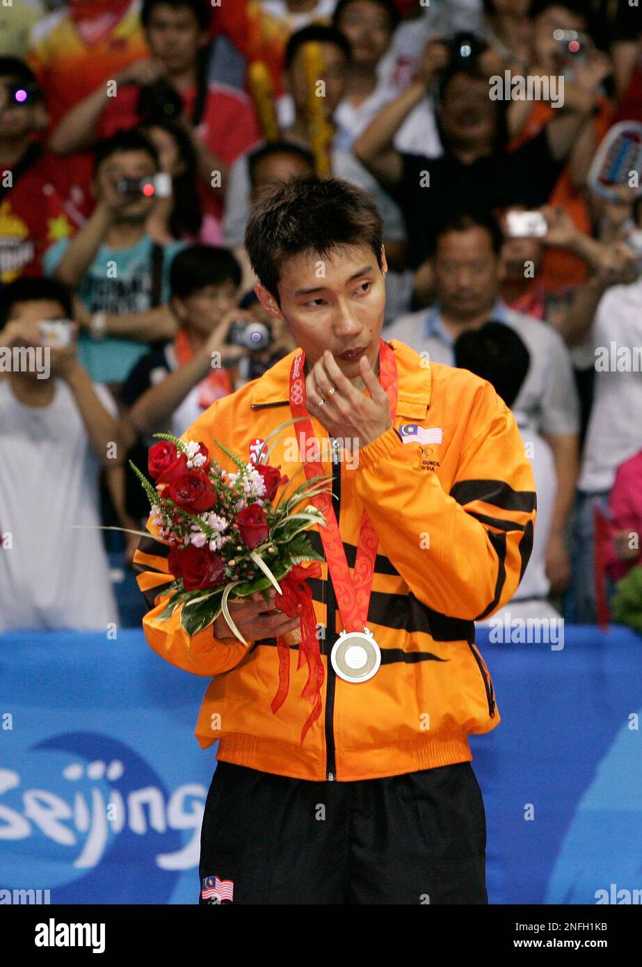 Silver medalist Lee Chong Wei at the podium during medal ceremony for ...