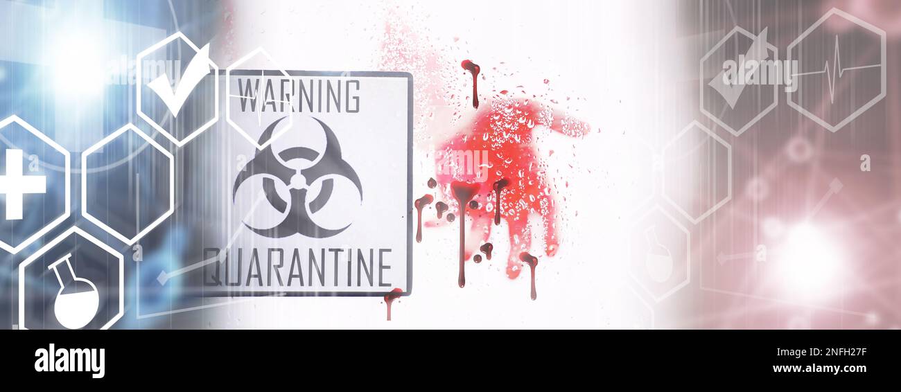 Quarantine. Quarantine warning sign on a glass door in hospital ...
