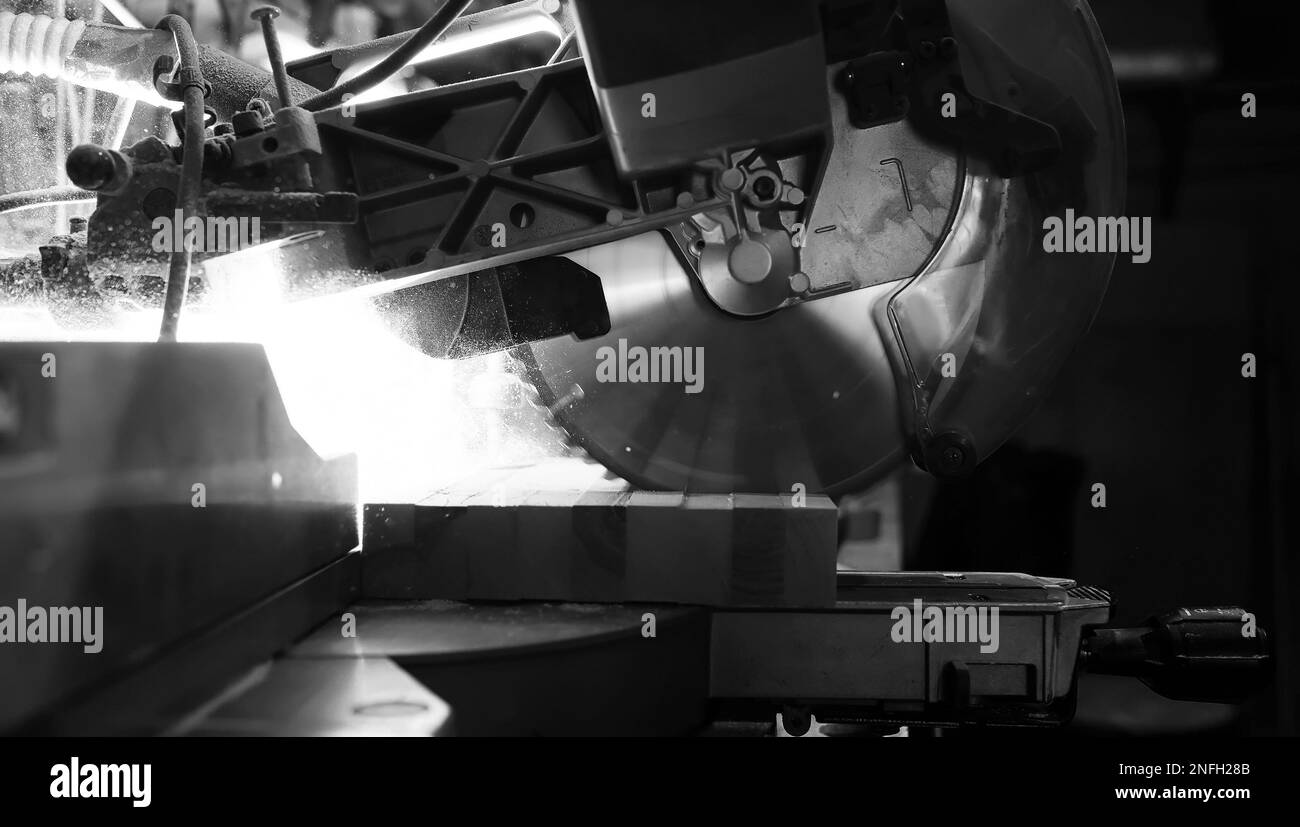 Carpenter working saw wood workshop Black and White Stock Photos ...
