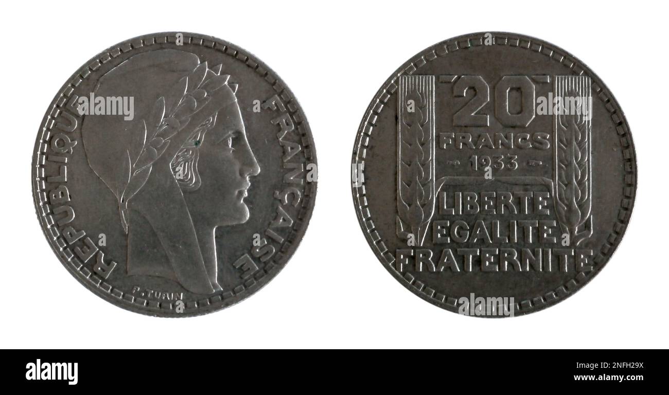 French coin of twenty francs minted in 1933, laureate head of Marianne ...