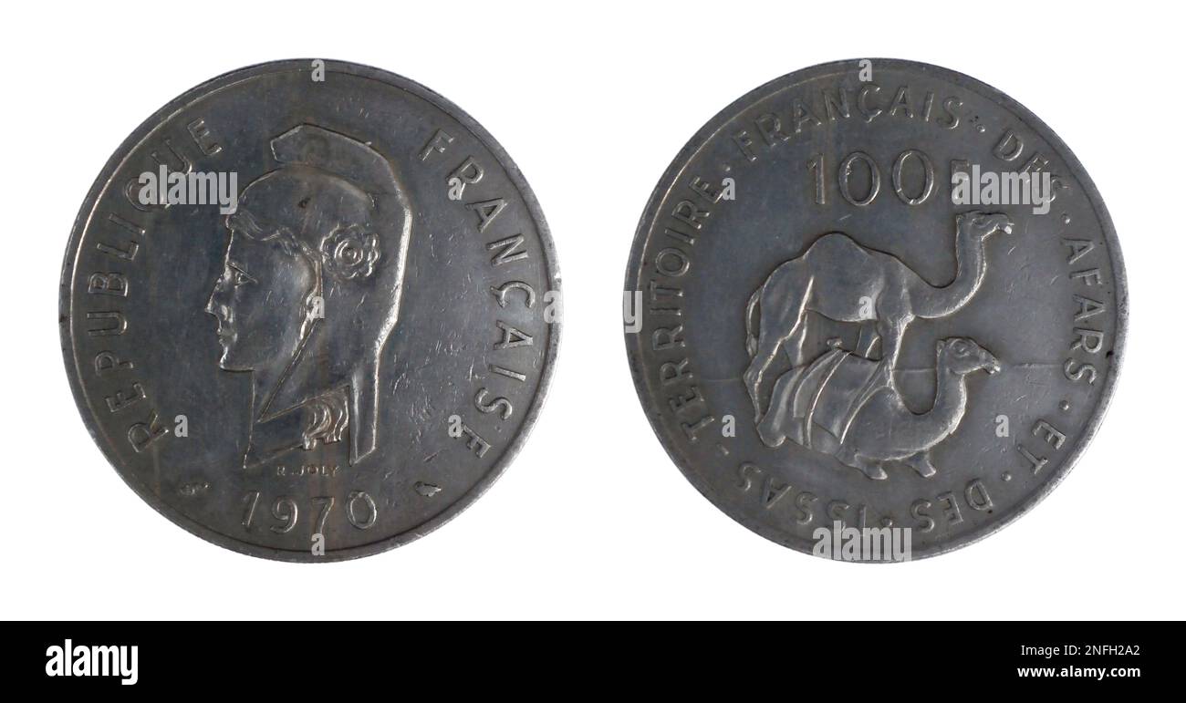 French coin of hundred francs minted in 1970 with head of Marianne and ...