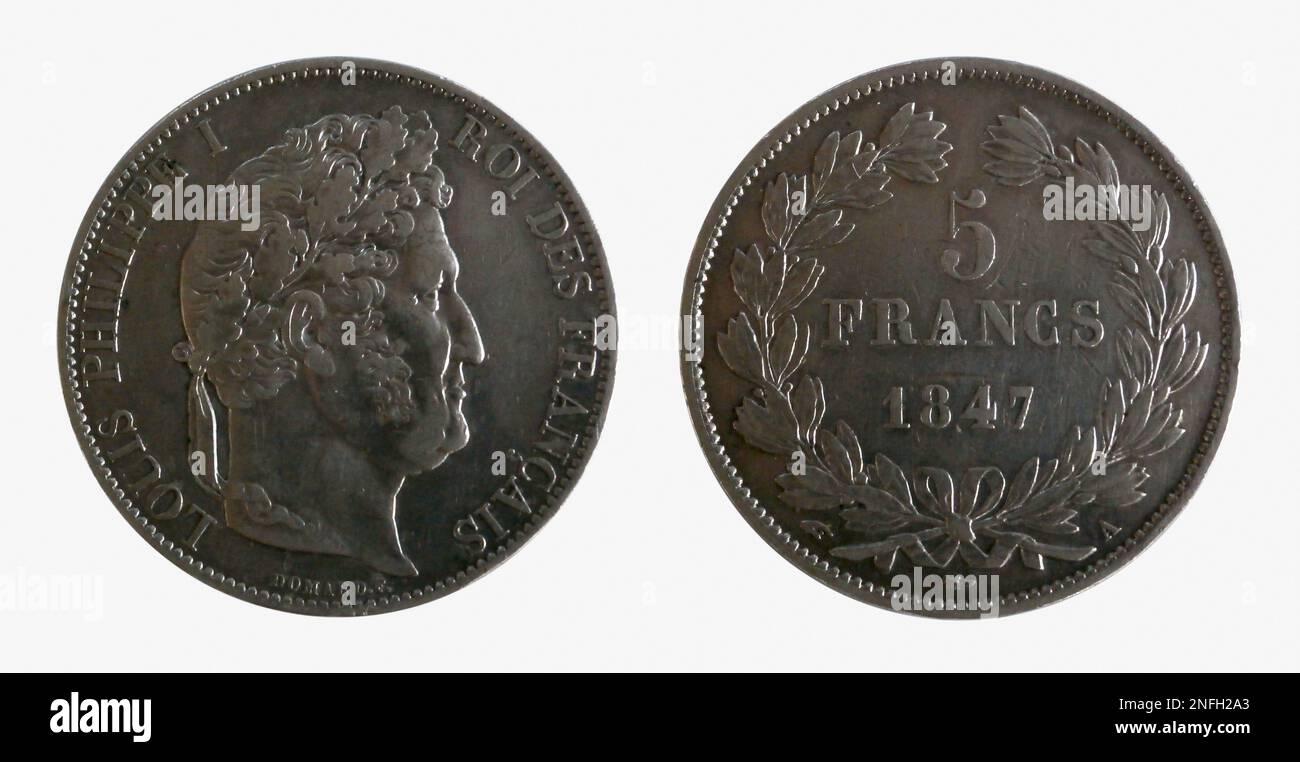 French silver coin of five francs minted in 1847, laureate head of King Louis Philippe I on the ...