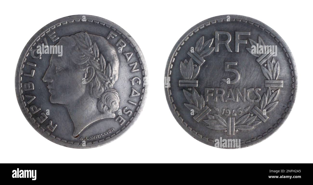 French coin of five francs minted in 1945, laureate head of Marianne on ...