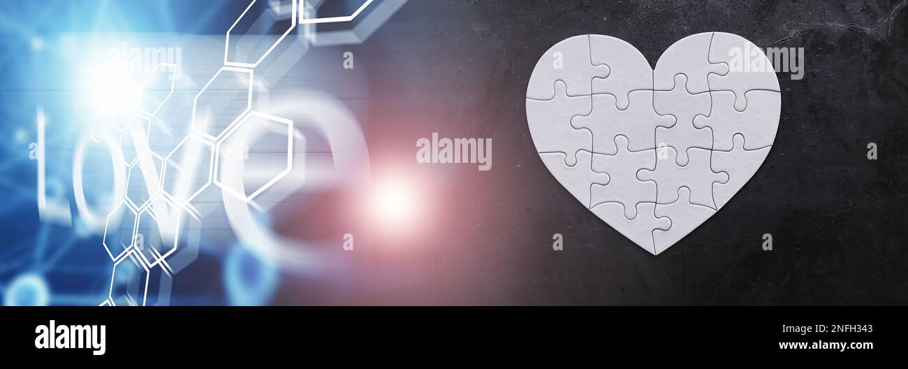 White heart-shaped puzzle. Heart affairs. Undivided love. Broken heart ...