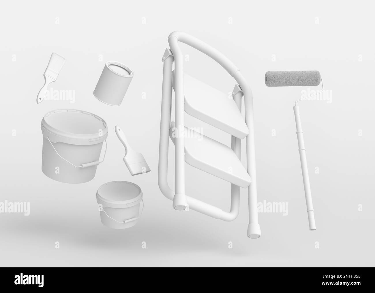 Set of metal cans or buckets with paint roller, brush and folding ...