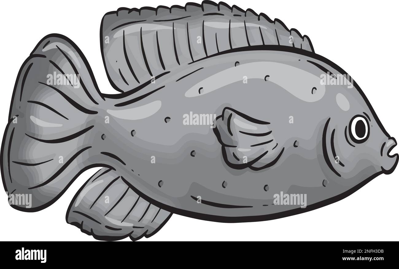 Underwater Marine Fish Cartoon Illustration in a Vector In Greyscale ...