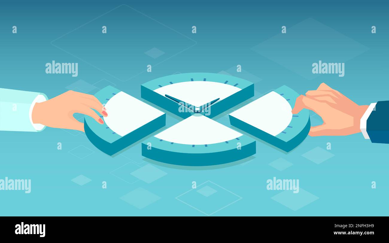 Vector of a business man and woman hands taking a slice of a clock each ...
