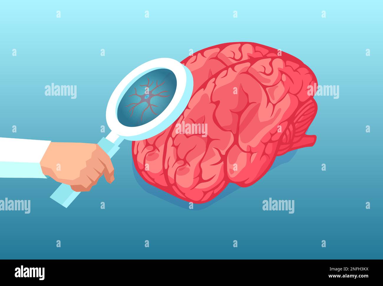 Vector of a doctor researcher hand with magnifying glass analyzing human brain and neuronal ...