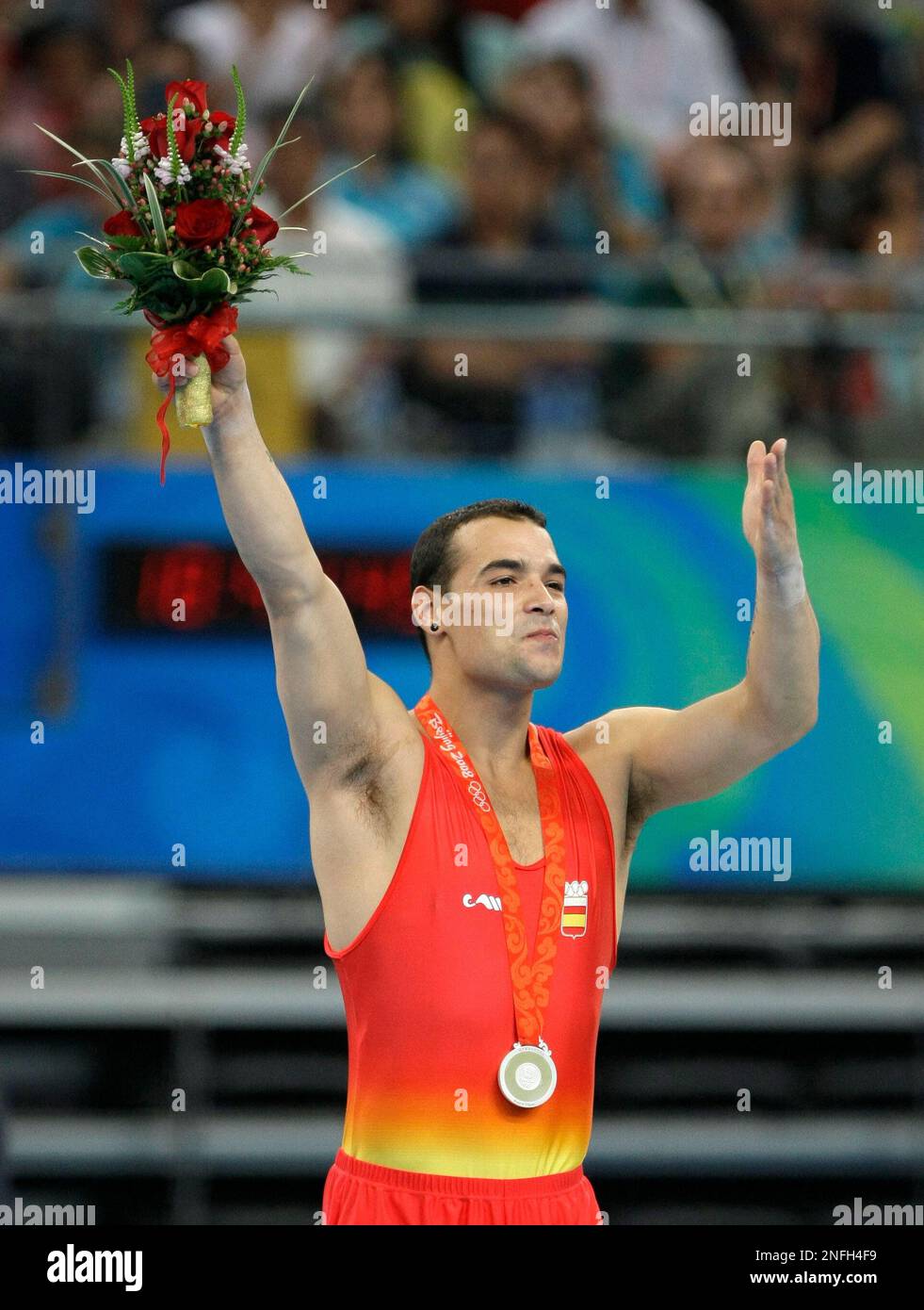Spain's gymnast Gervasio Deferr poses with his silver medal for his ...