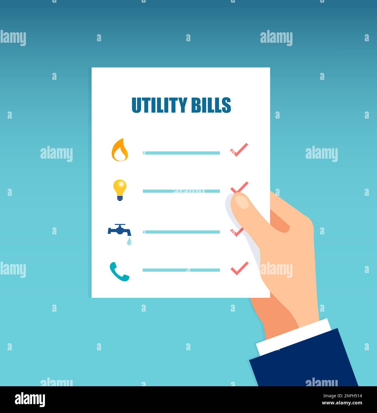 Vector of a hand holding sheet with utility bills on blue background ...