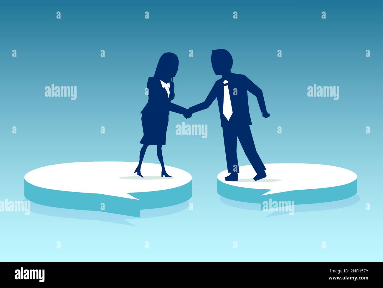 Vector of a businessman and a businesswoman standing on speech bubbles ...
