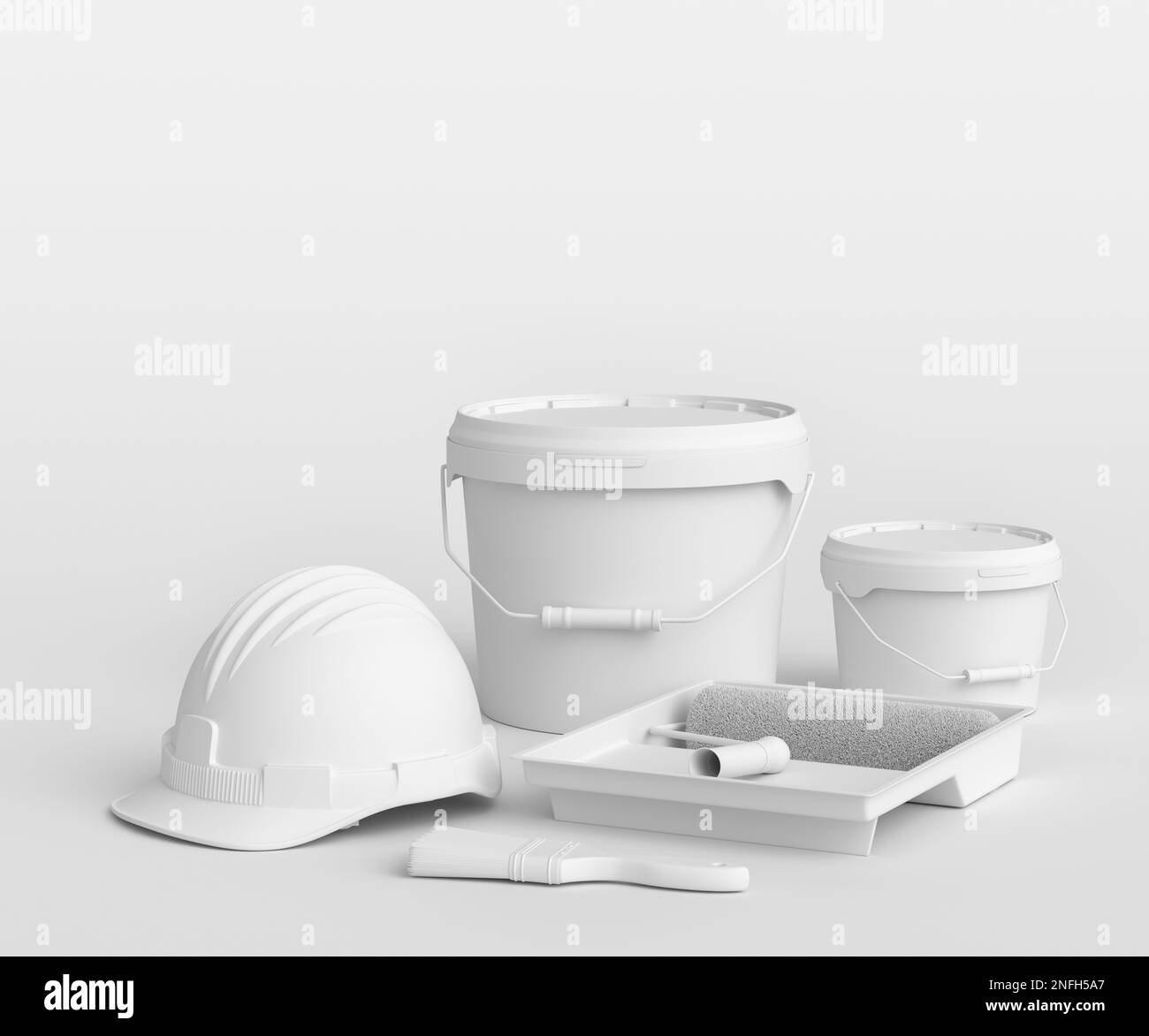 Set of safety helmet, bucket with paint rollers and brushes for ...