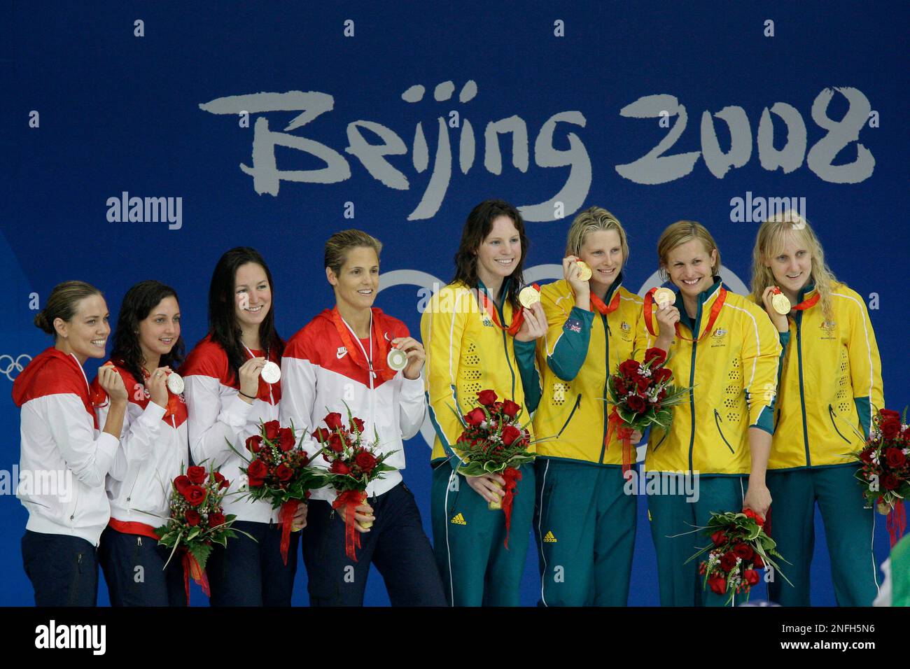 From left, US silver medal winning team, Natalie Coughlin, Rebecca Soni ...
