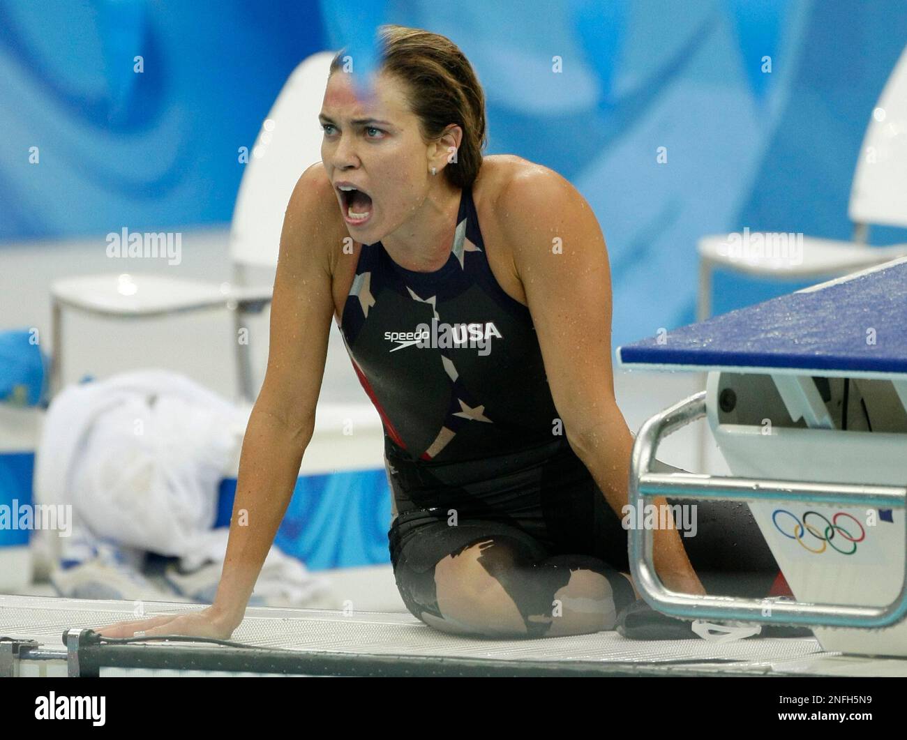 Natalie Coughlin of the US yells during the women's medley relay final ...