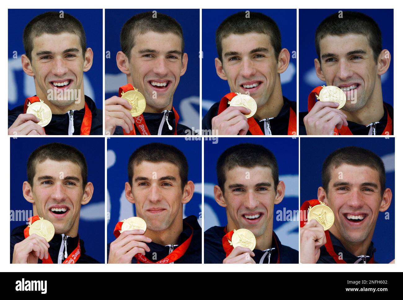 This combination of photos shows United States' Michael Phelps holding ...
