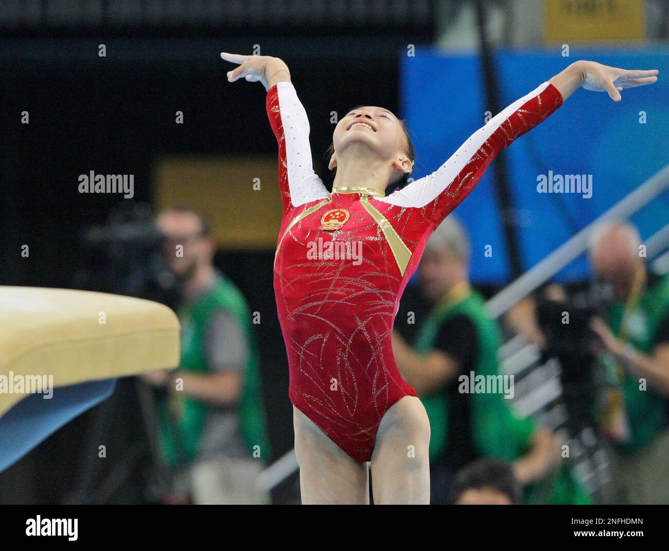 China's gymnast Yang Yilin poses after her performance on the vault ...