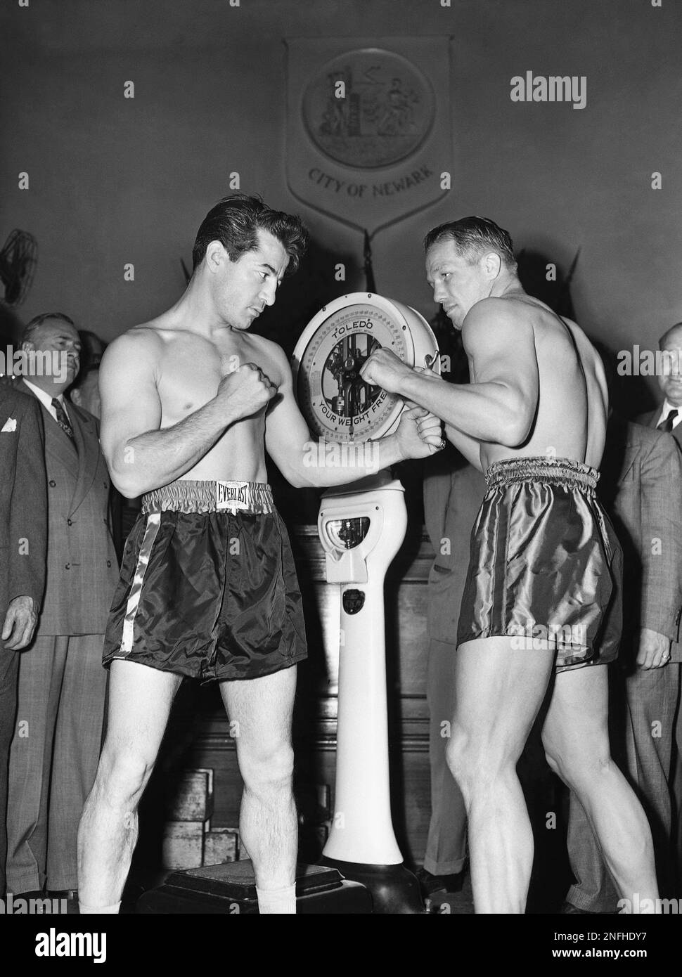 Rocky Graziano, left, of New York and Tony Zale, right, of Gary ...