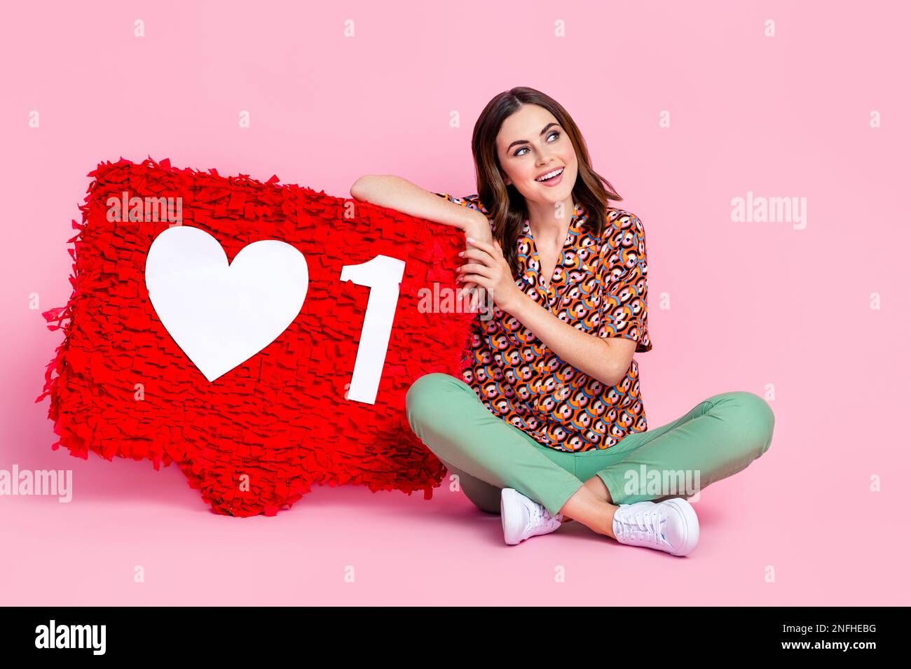 Full body length photo of young girl blogger sitting crossed legs ...