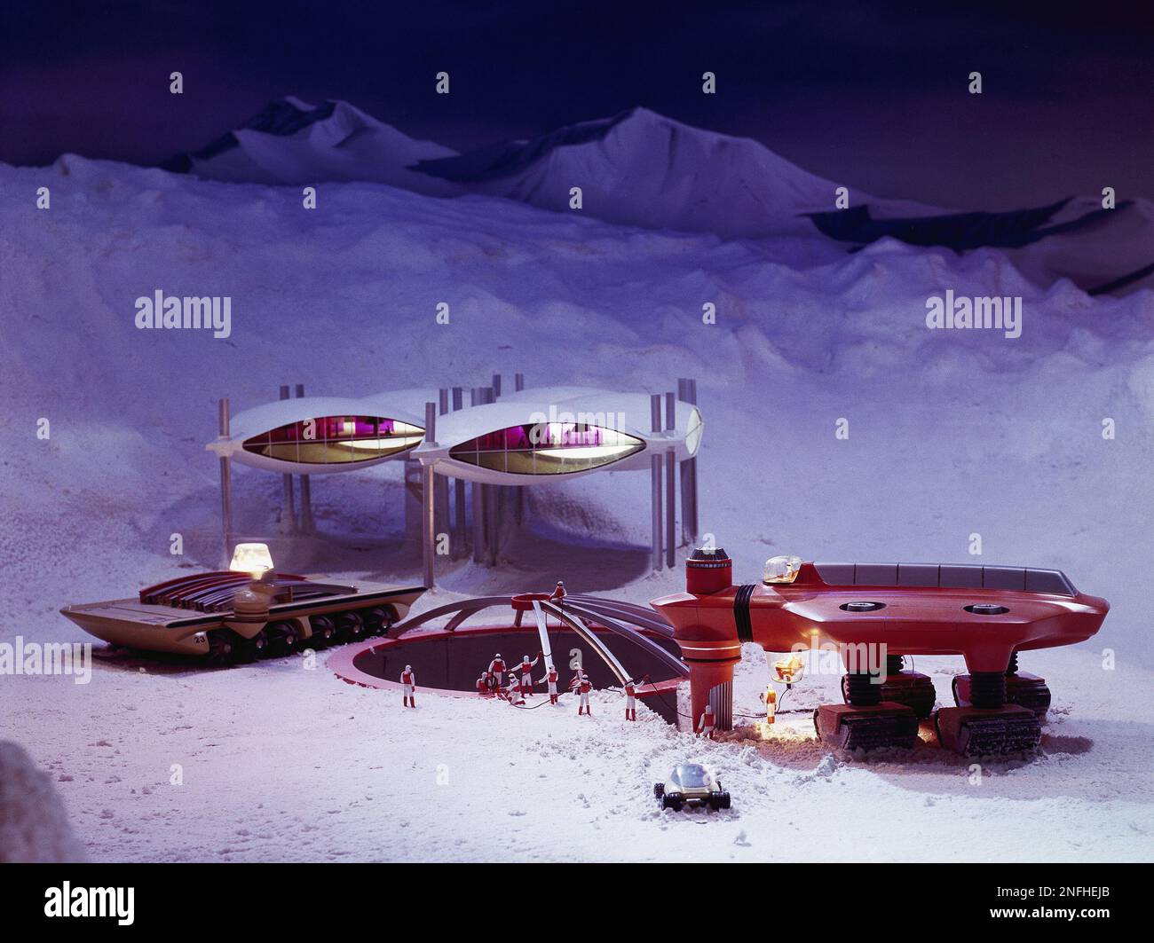 Other-worldly landscape with humans depicted living in it, is seen in ...