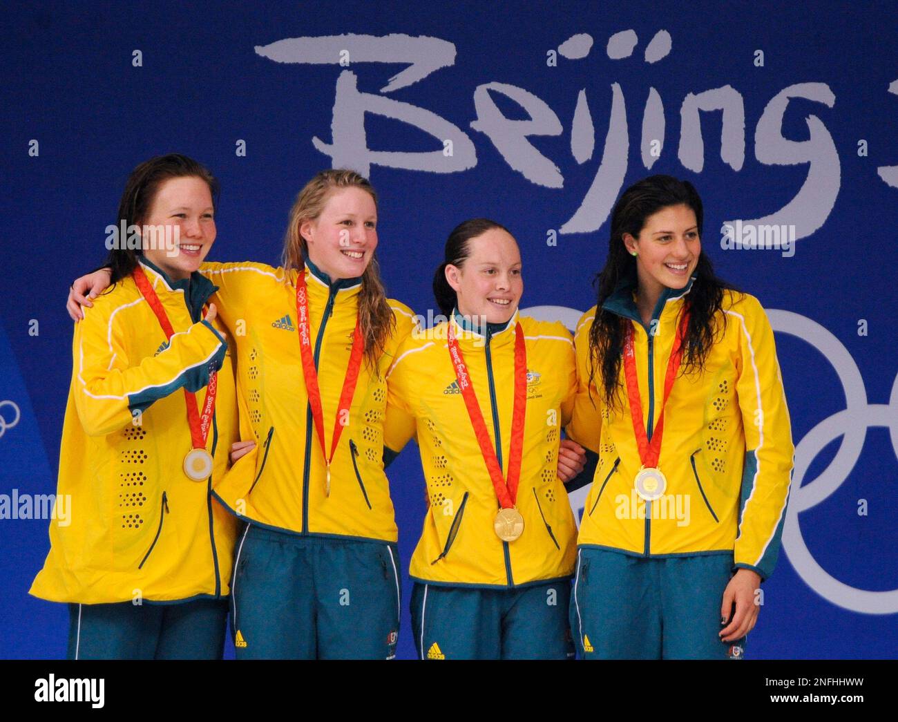 Australia's, from left, Kylie Palmer, Bronte Barratt, Linda Mackenzie and Stephanie Rice, smile ...