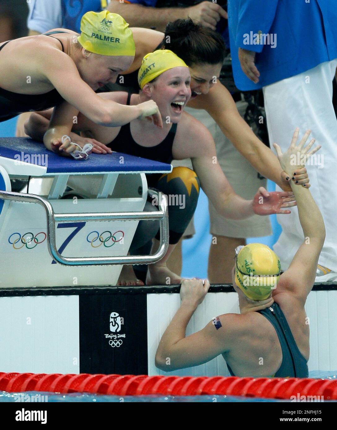 Australia's Kylie Palmer, Bronte Barratt and Stephanie Rice, top from left, celebrate with final ...