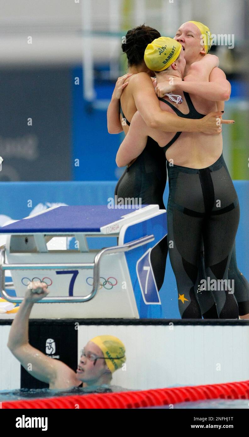 Australia's Kylie Palmer, Bronte Barratt and Stephanie Rice, top from right, celebrate with ...
