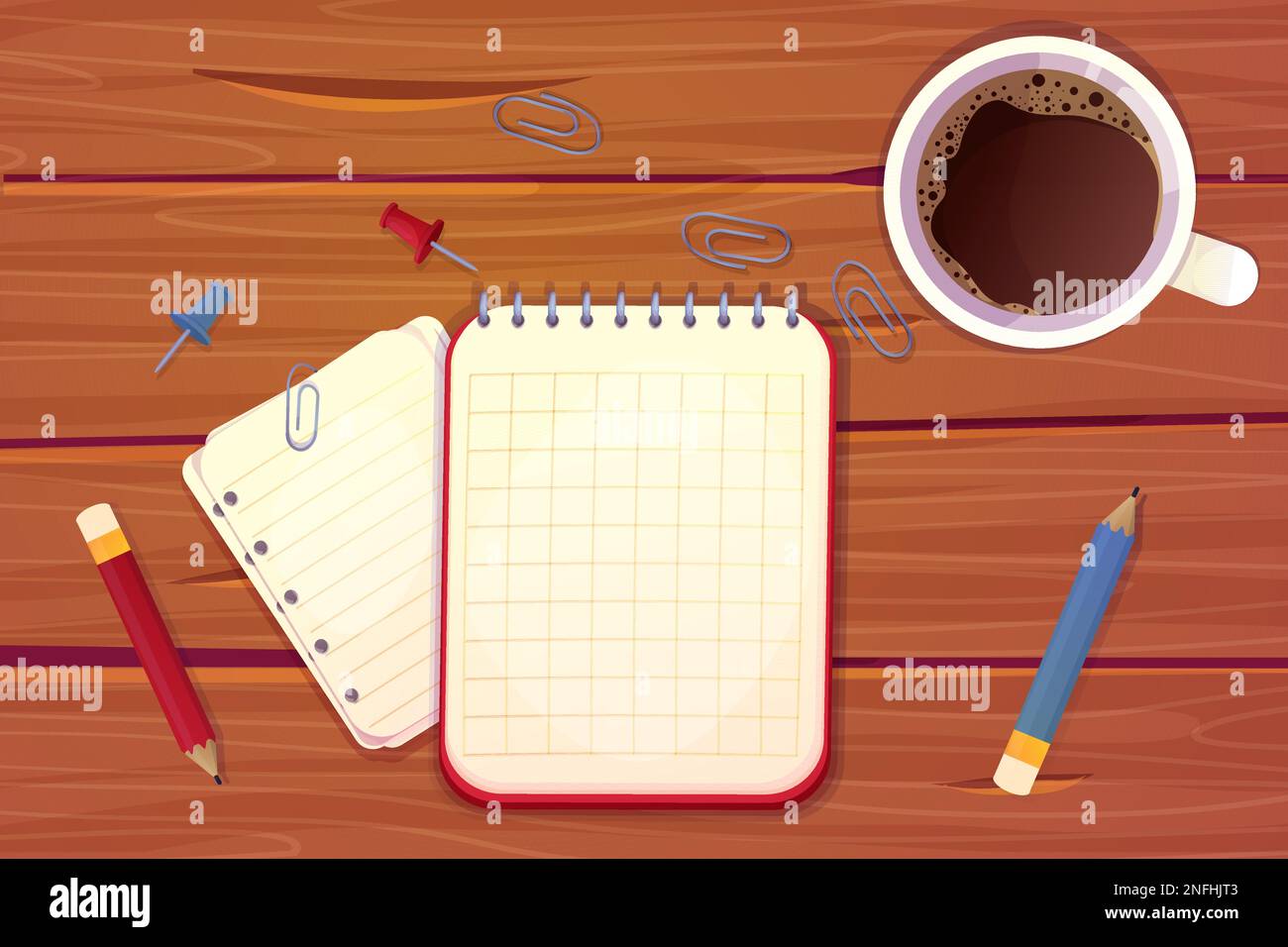 Workplace with stationary, cup with coffee, notebook, paper notes top ...