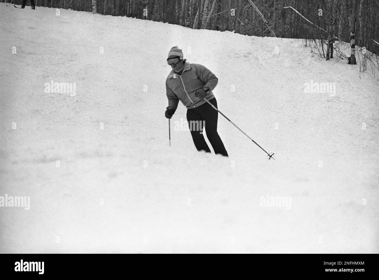Senator Ted Kennnedy jumps a mogul on the slopes of Mt. Brodie near New ...