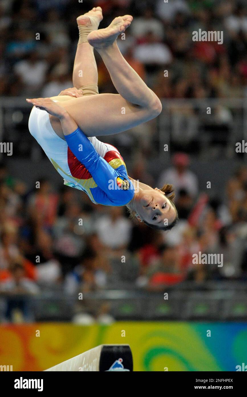 Romania's gymnast Nistor Steliana performs on the balance beam during ...