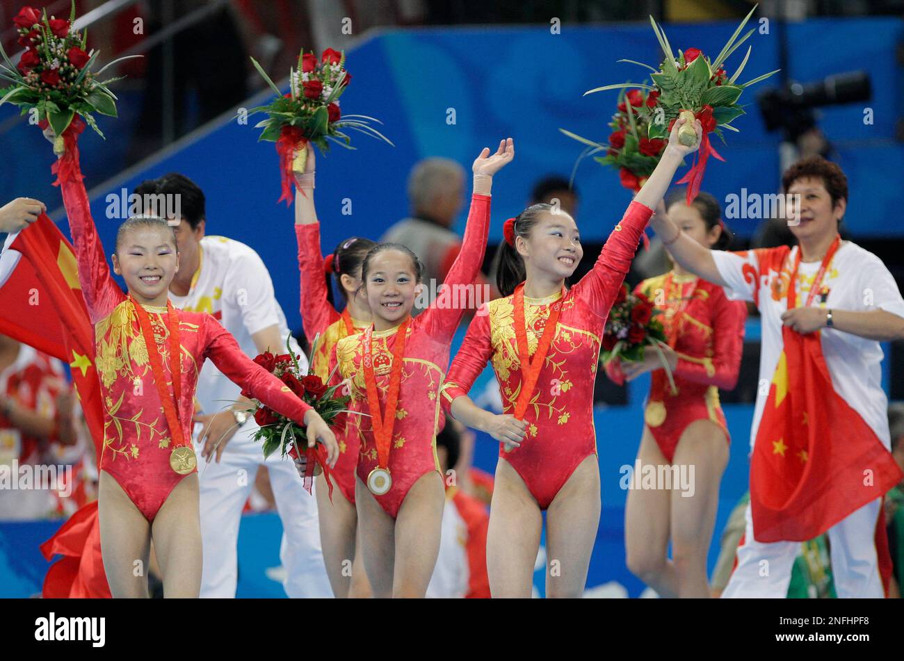 China's gymnastics team members, from left: He Kexin, Den Linlin and Li ...