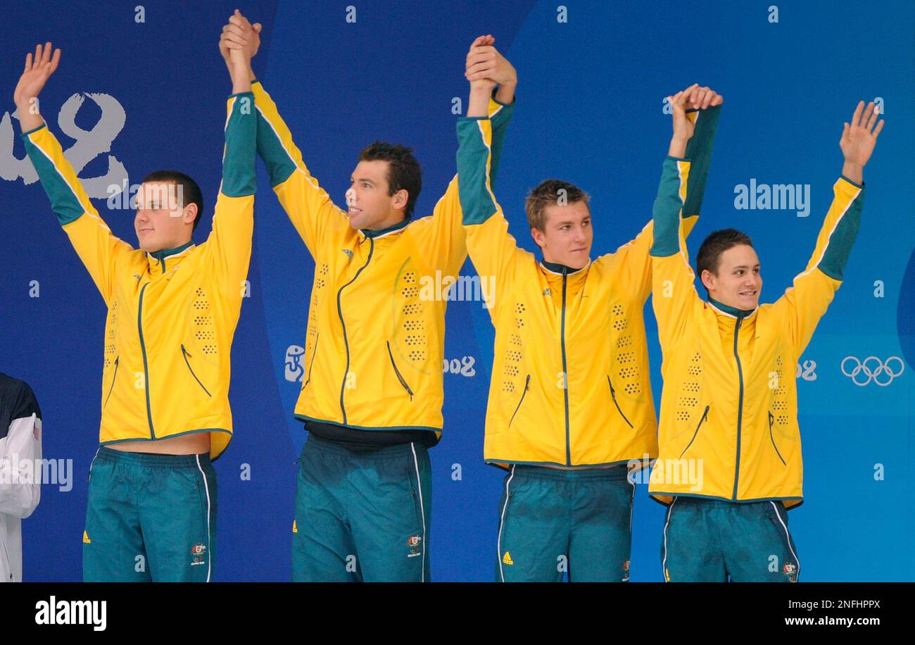 Australian men's 4x200-meter freestyle relay team members, from left, Patrick Murphy, Grant ...