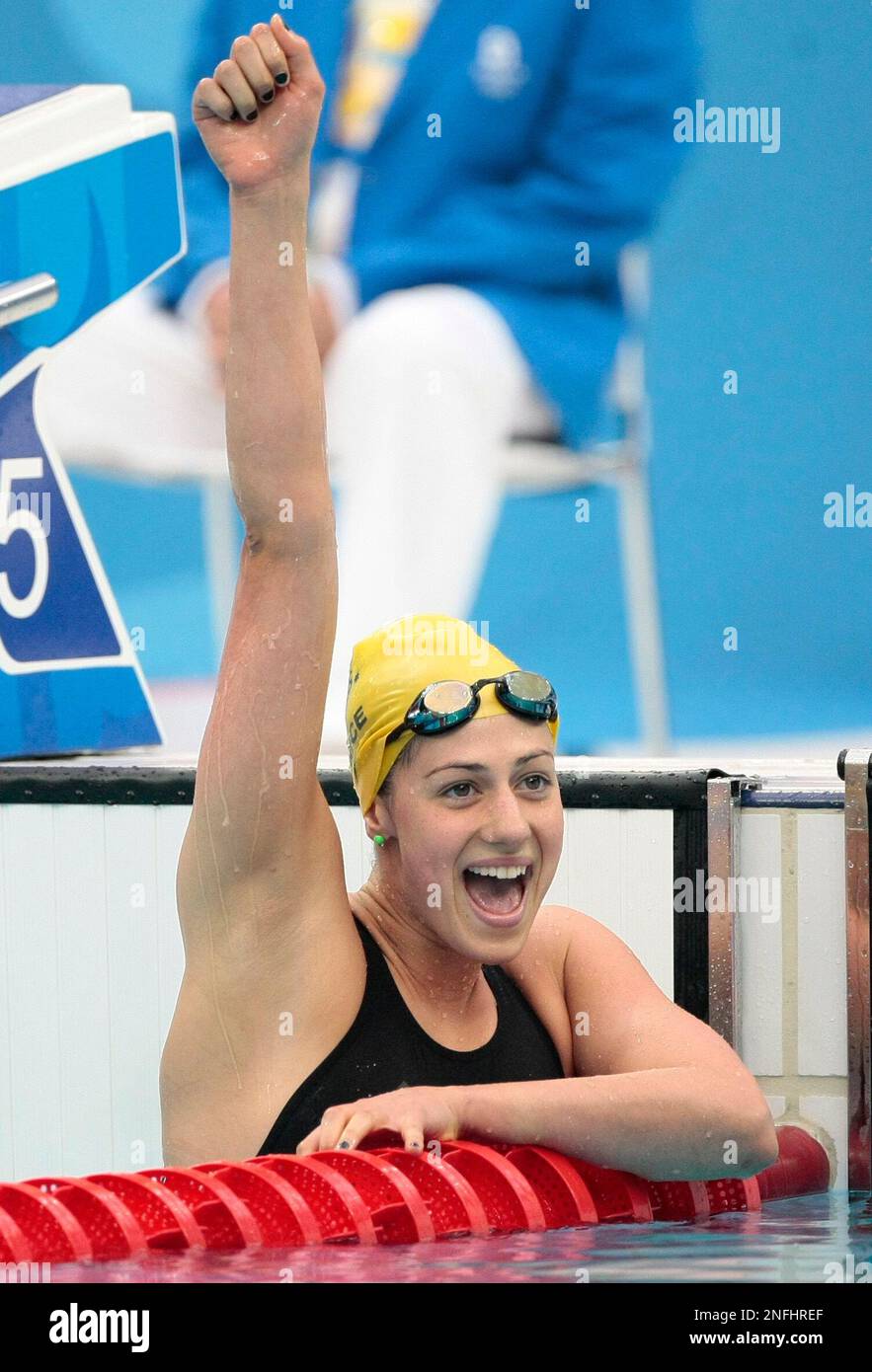 Australia's Stephanie Rice celebrates winning the gold medal in a a new ...