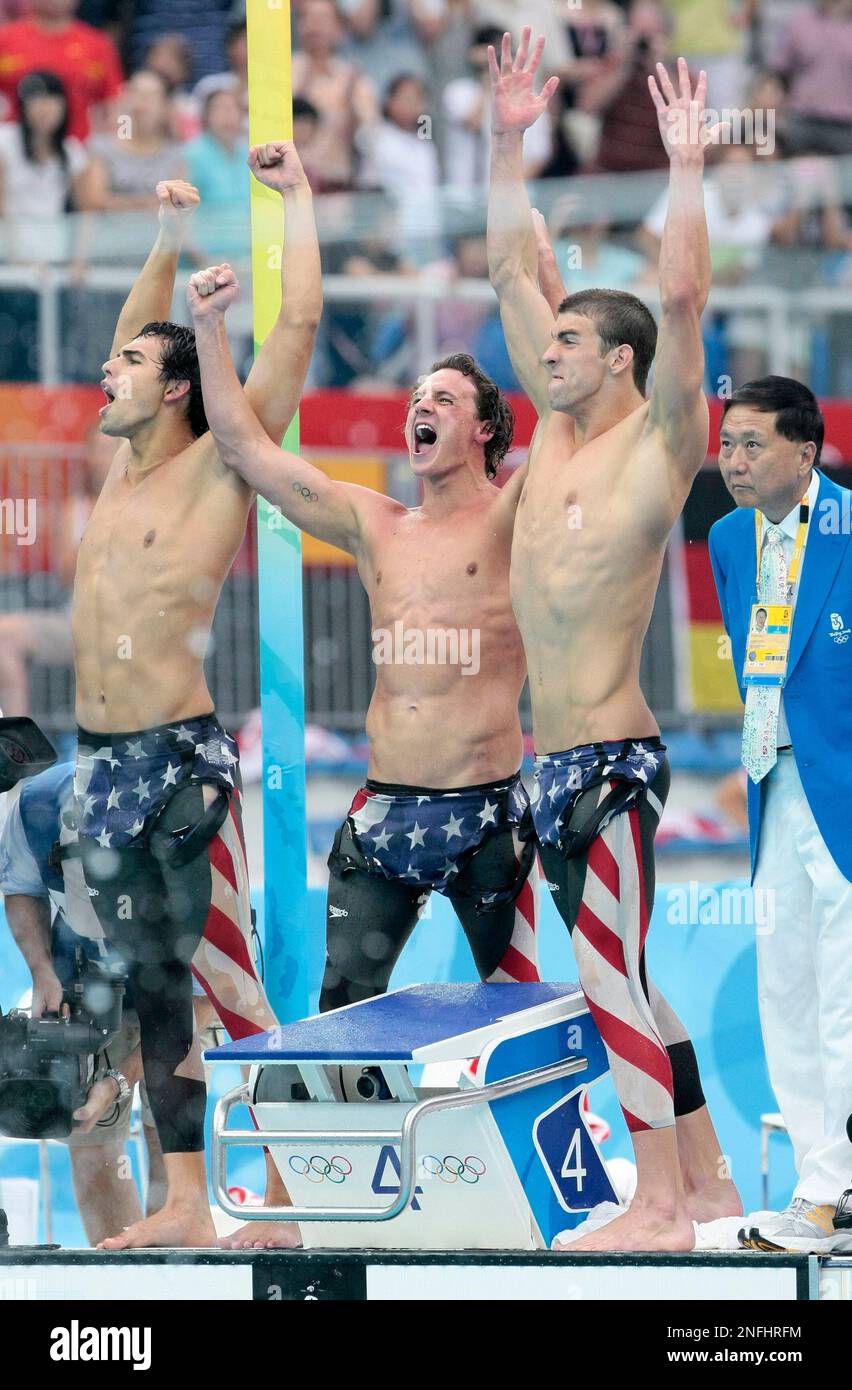 U.S. swimmers, from left, Ricky Berens, Ryan Lochte and Michael Phelps ...