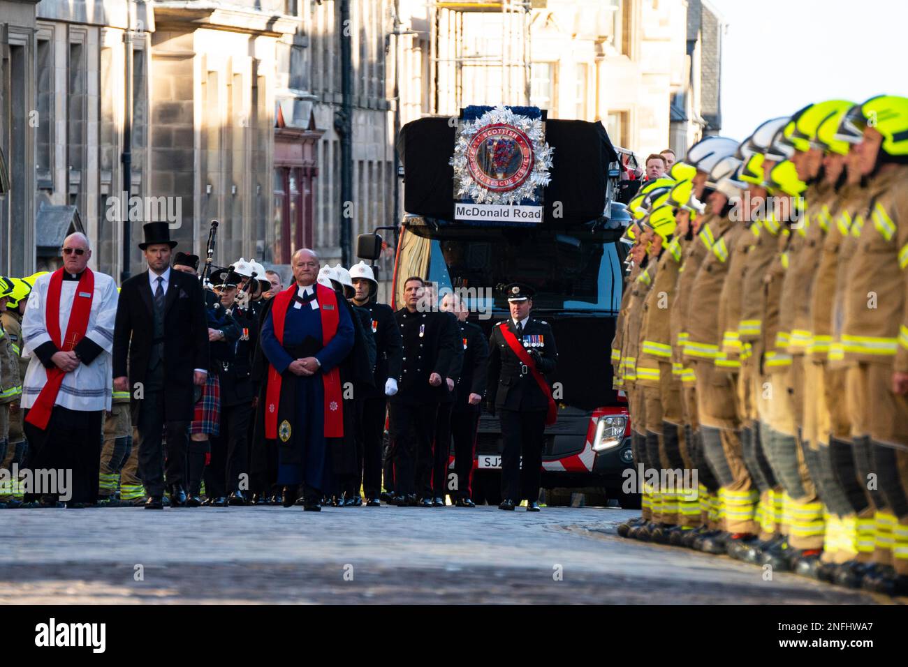 Edinburgh, Scotland, UK. 17 February 2023. Funeral of firefighter Barry ...