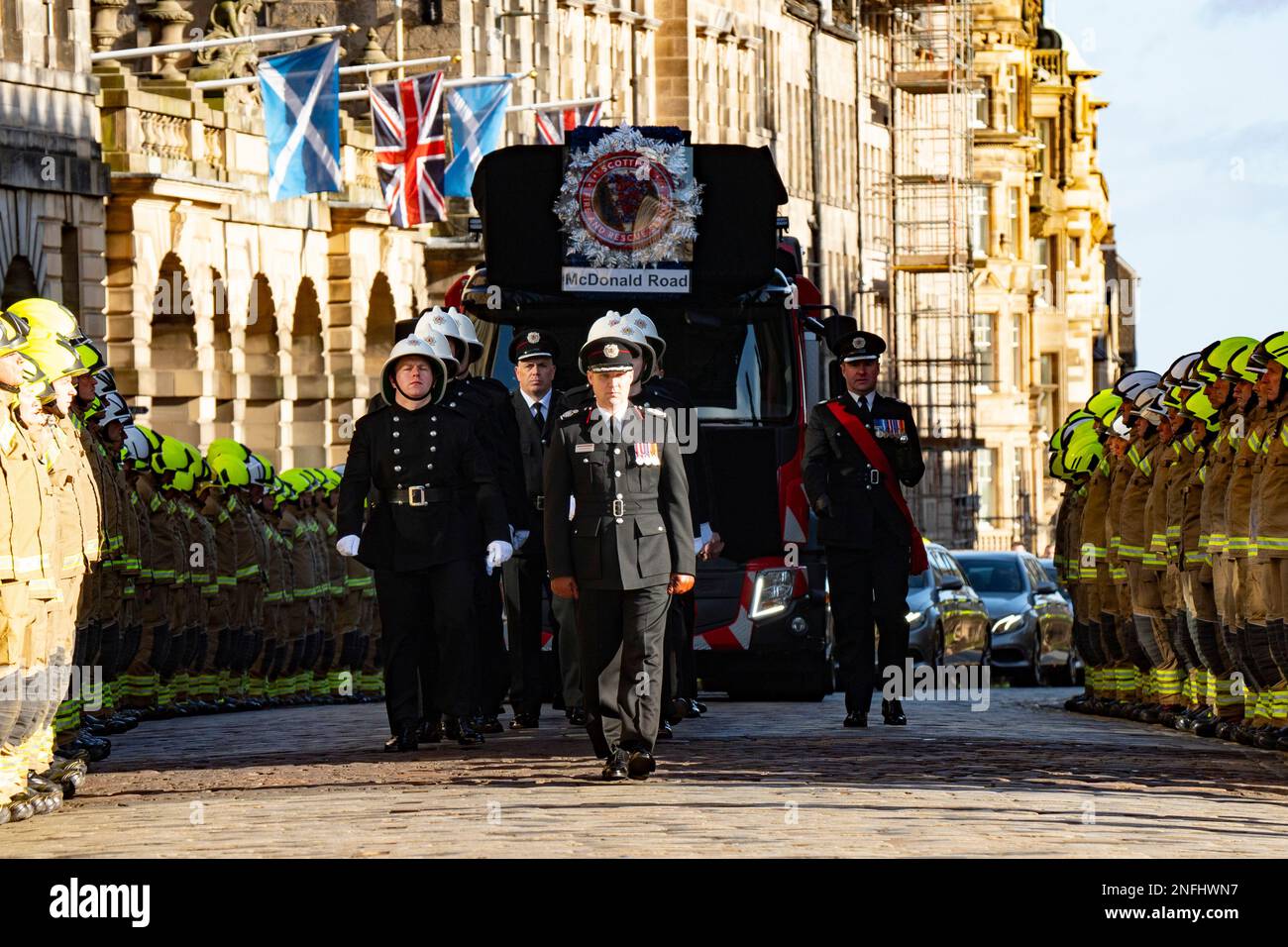 Edinburgh, Scotland, UK. 17 February 2023. Funeral of firefighter Barry ...