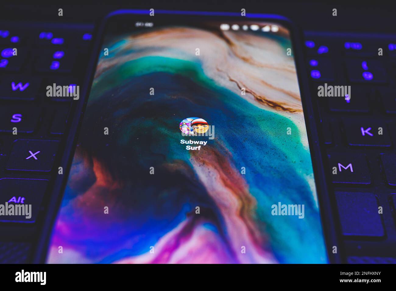 Subway surf game app on smartphone screen. Close up shot of Subway surf ...