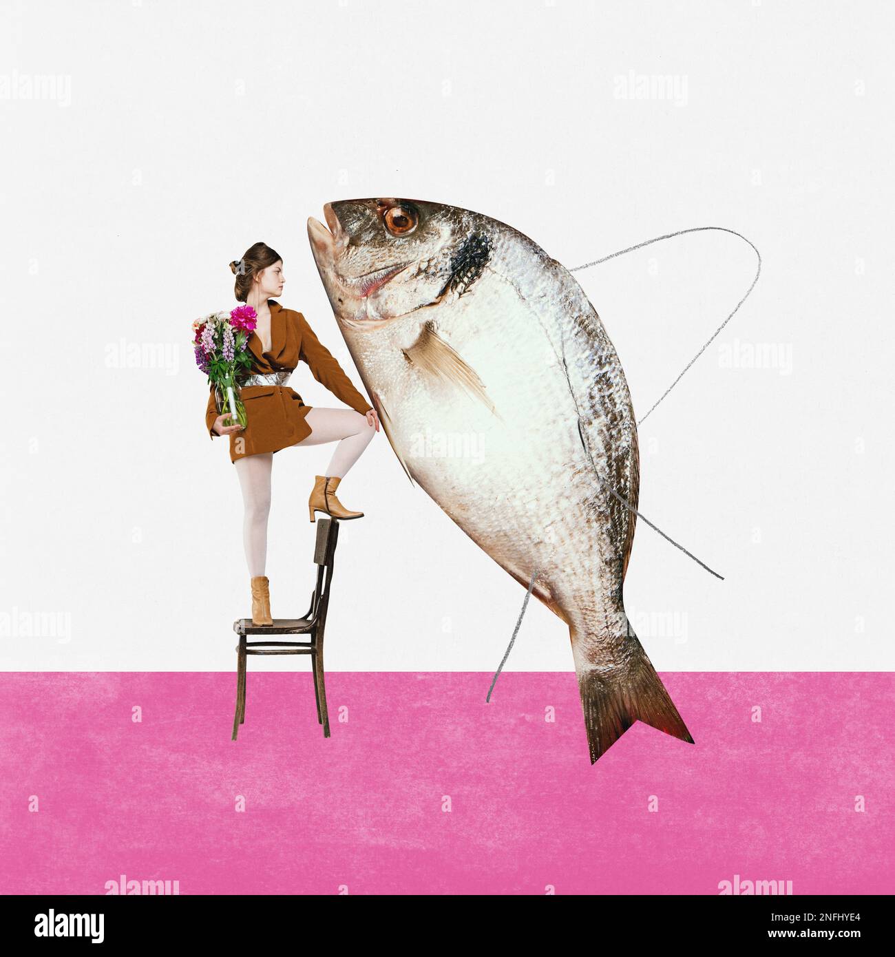 Stylish girl and huge raw fish. Contemporary art collage. Concept of ...
