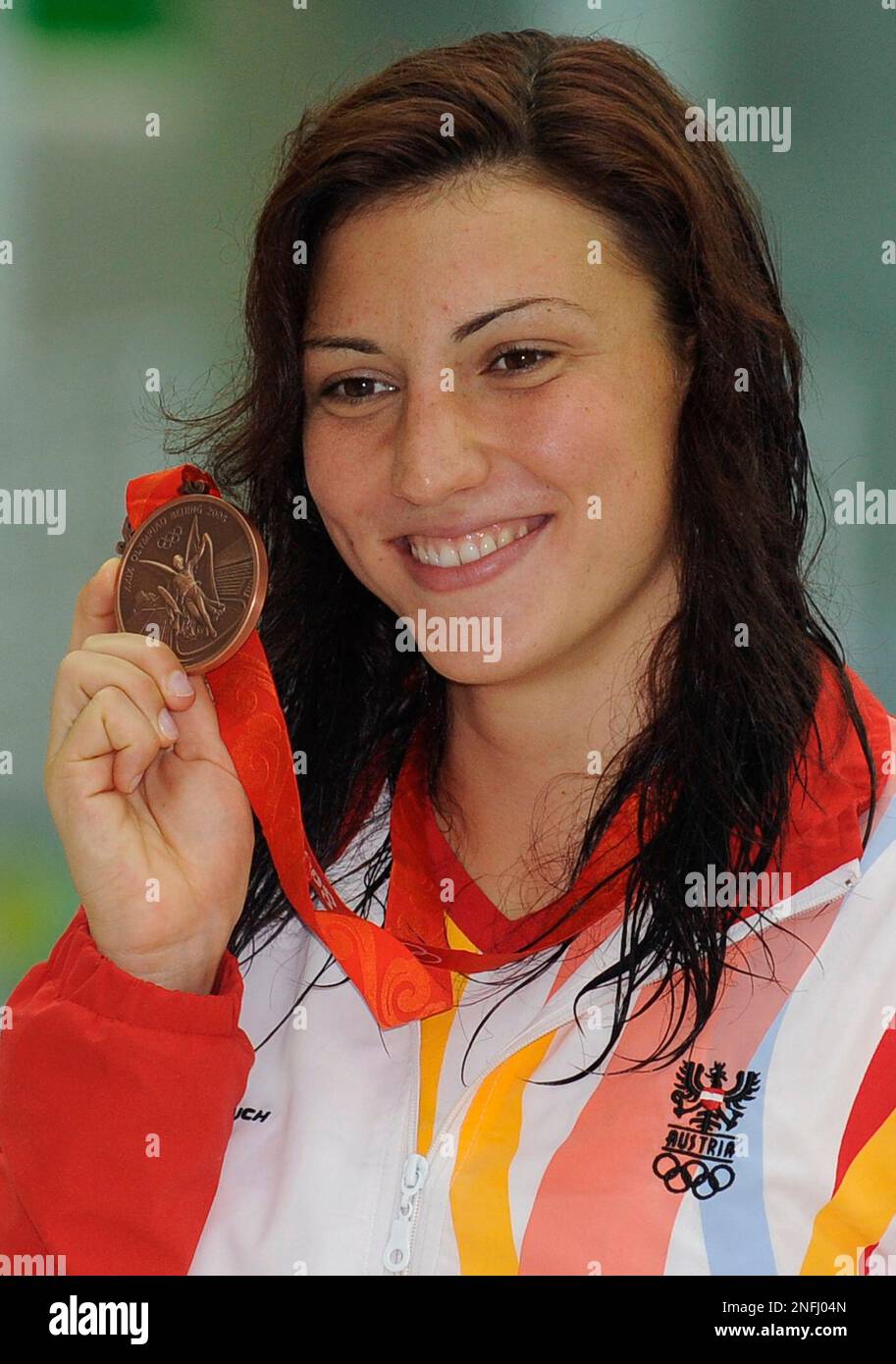Austria's Mirna Jukic shows her bronze medal during an awarding ...