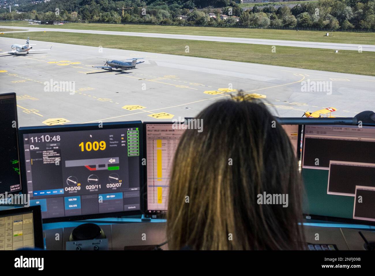 Switzerland, Canton Ticino, Lugano, Agno Airport, control tower Stock Photo - Alamy