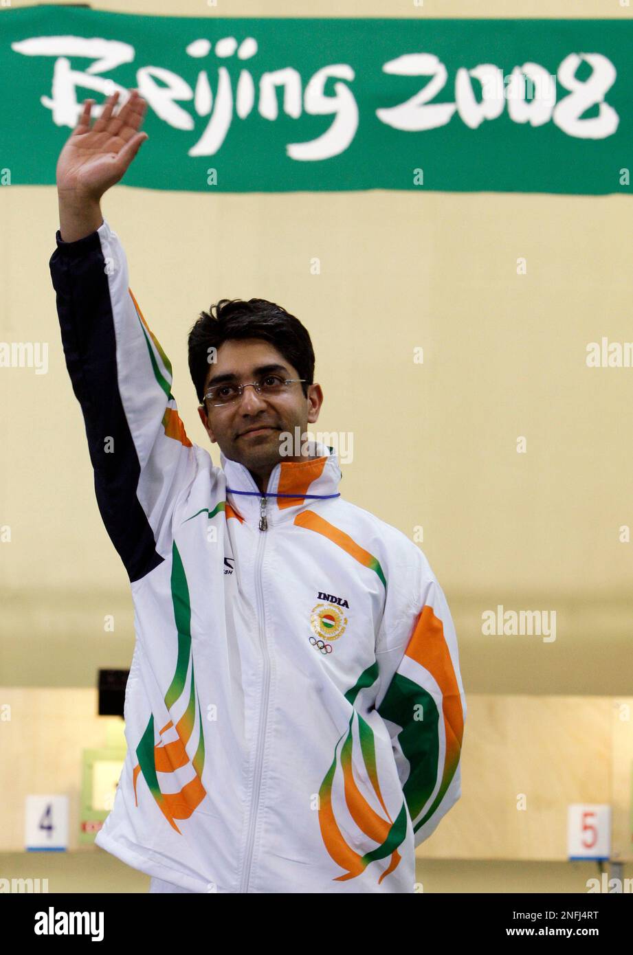 Gold medalist Abhinav Bindra, of India, waves after winning the men's ...